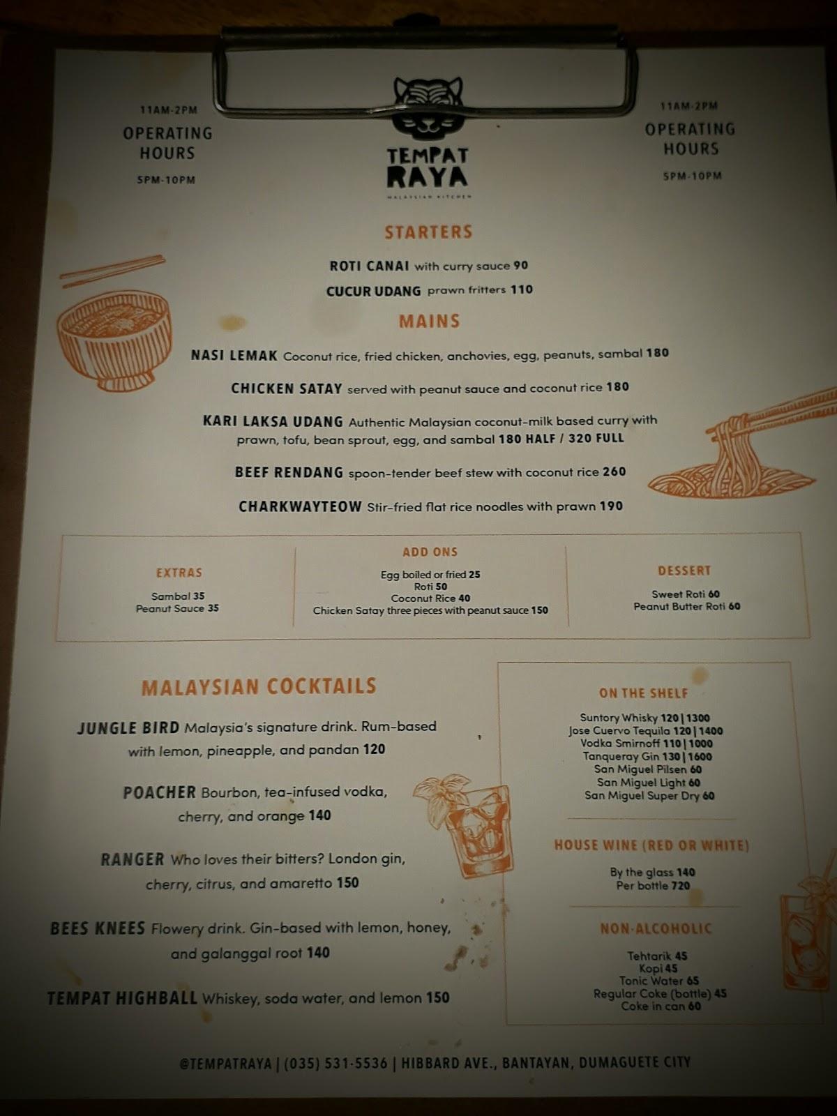 Menu at Tempat Raya Malaysian Kitchen pub & bar, Dumaguete