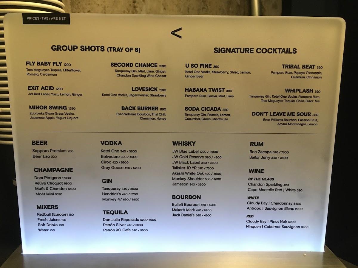 Menu at BEAM club, Bangkok
