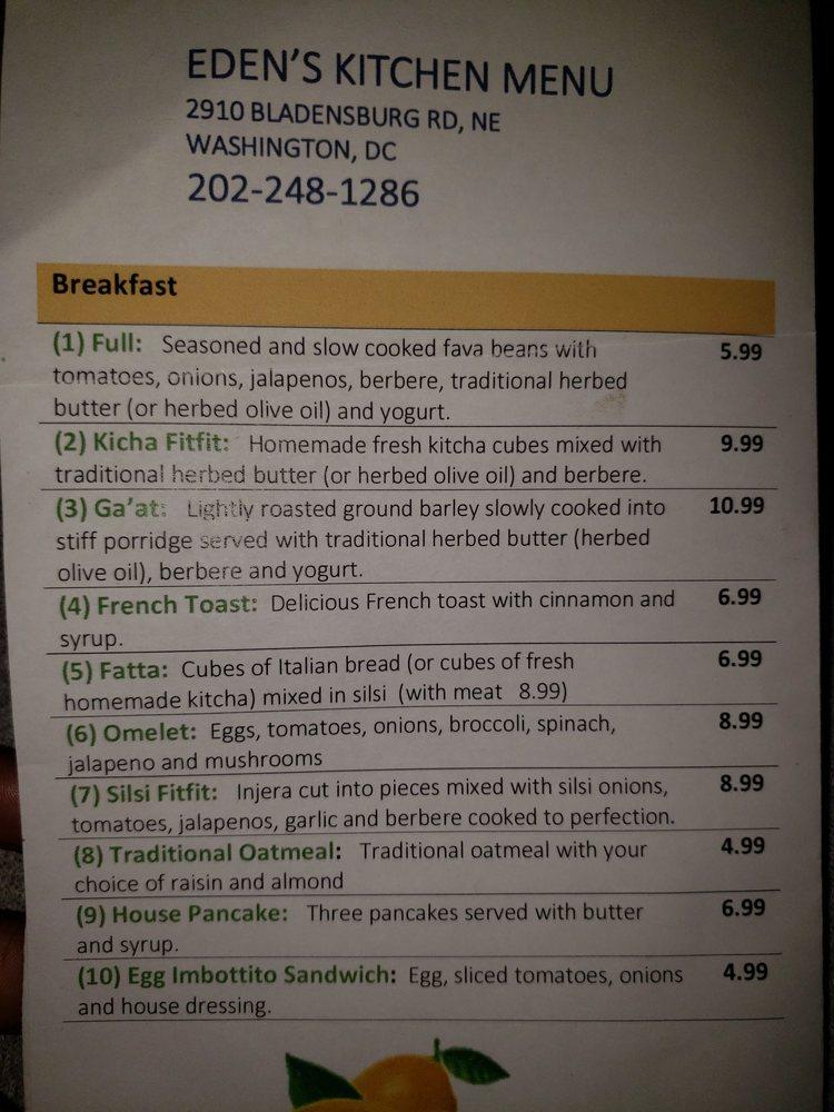 Menu at Eden's Kitchen restaurant, Washington