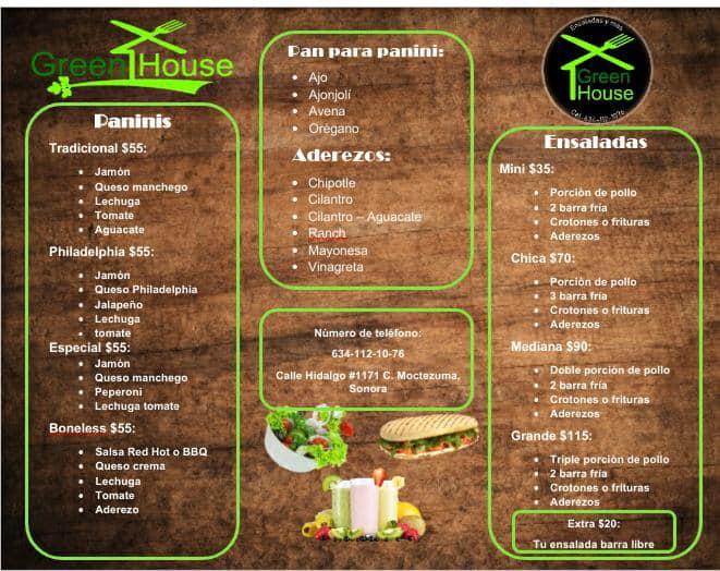 Menu at GreenHouse restaurant, Moctezuma
