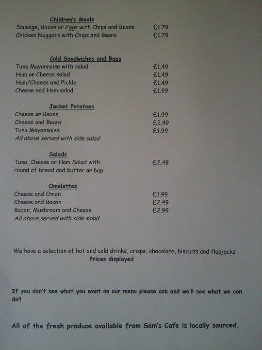 Menu at Sam's cafe, Denbigh