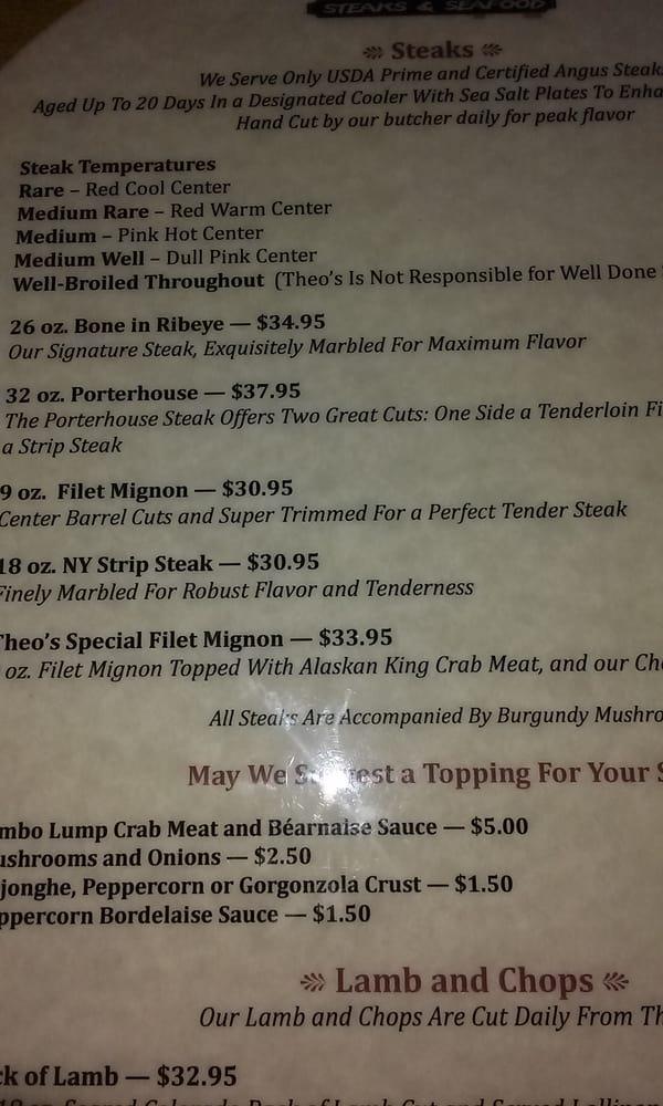 Menu at Theo's Steaks & Seafood pub & bar, Highland