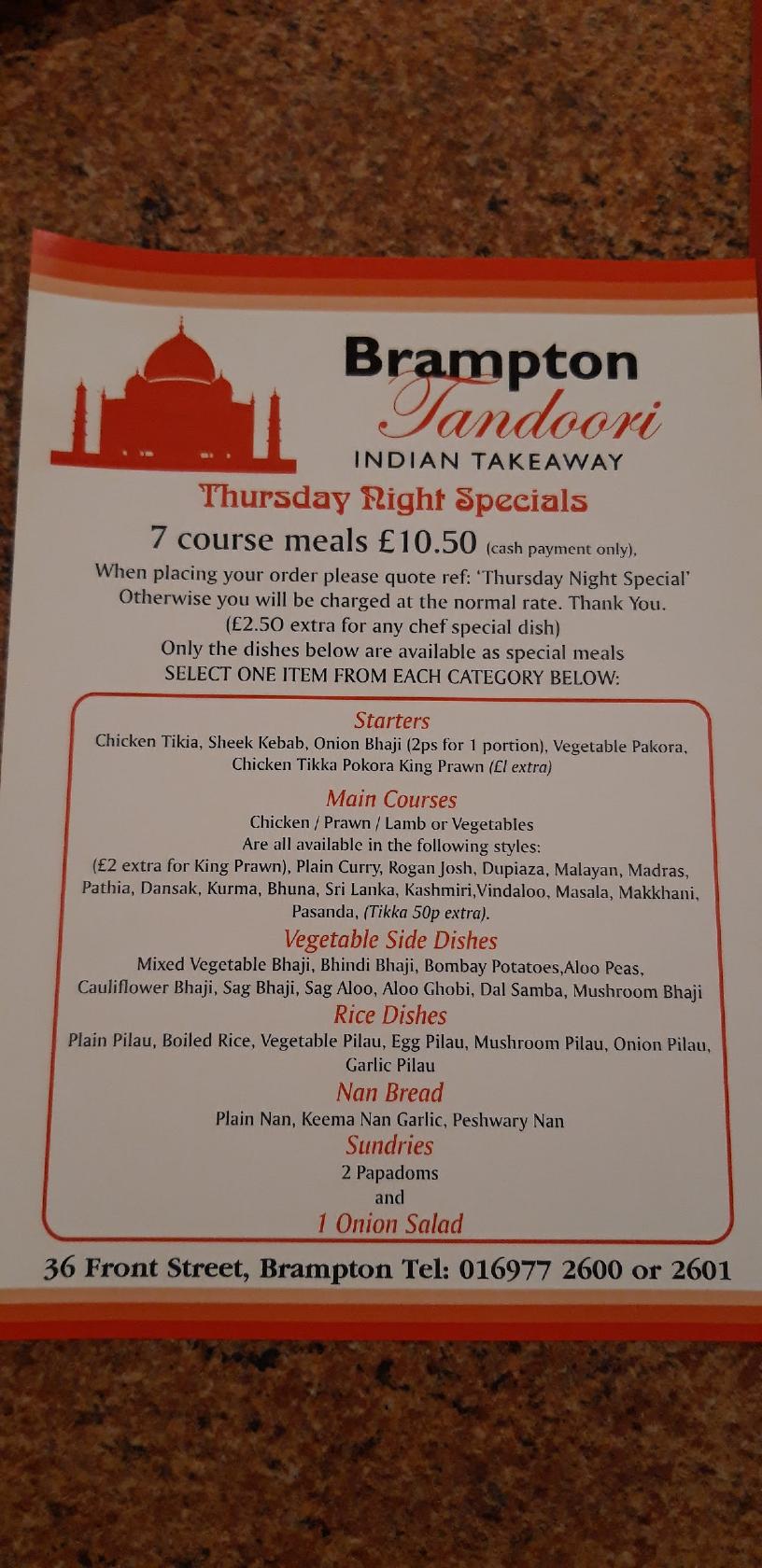 Menu at Brampton Tandoori fast food, Brampton