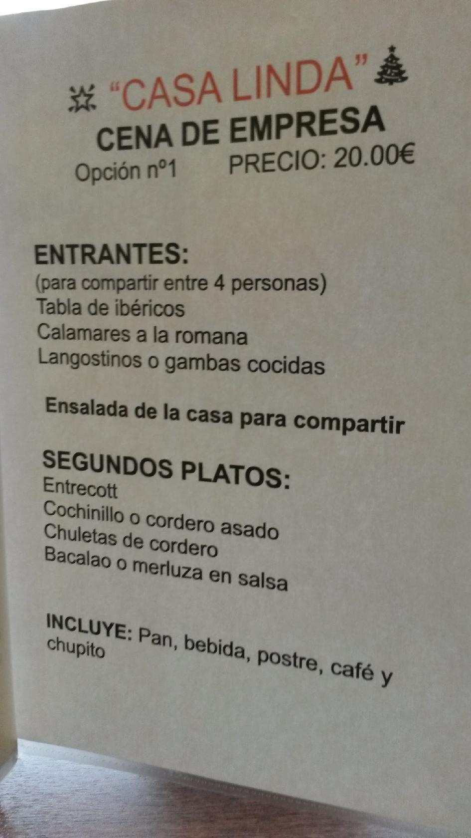 Carta de Bar - Restaurante Casa Linda, Madrid
