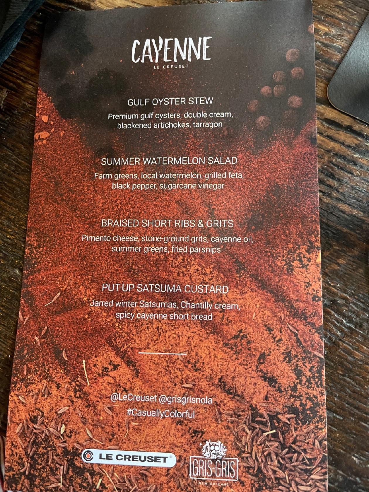 Menu at Gris-Gris restaurant, New Orleans