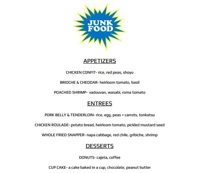 Menu at Junk Food restaurant, Atlanta