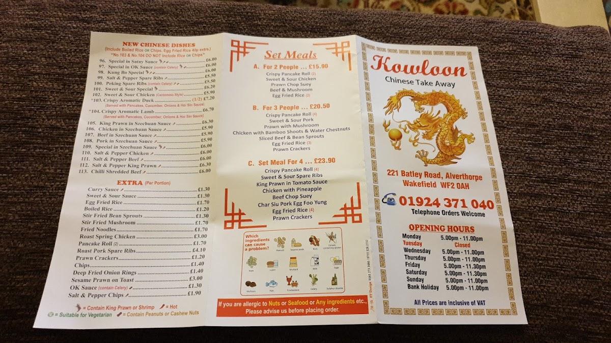 Menu at Kowloon Chinese Take Away fast food, Wakefield