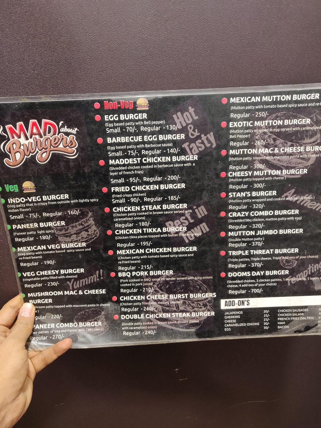 Menu at Mad about Burgers, Mumbai, Near Maroosh