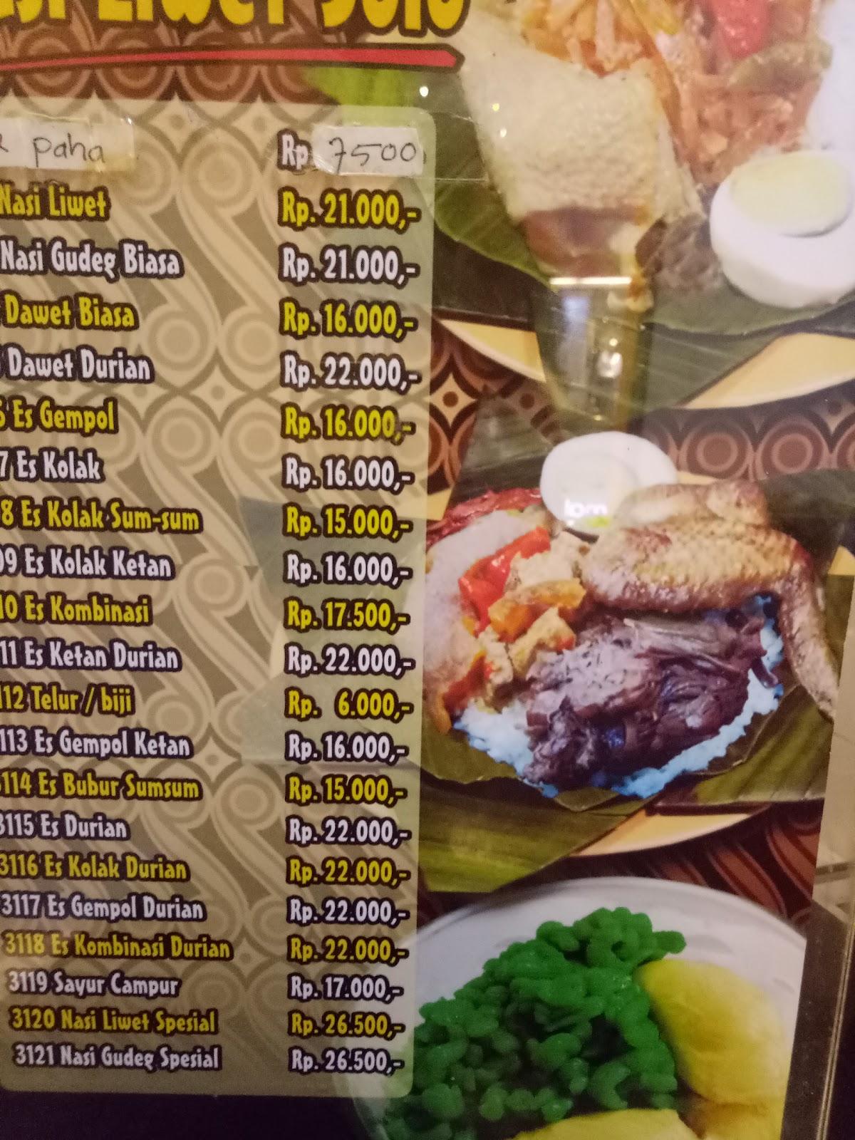 Menu at Nasi Liwet Solo restaurant, Semarang