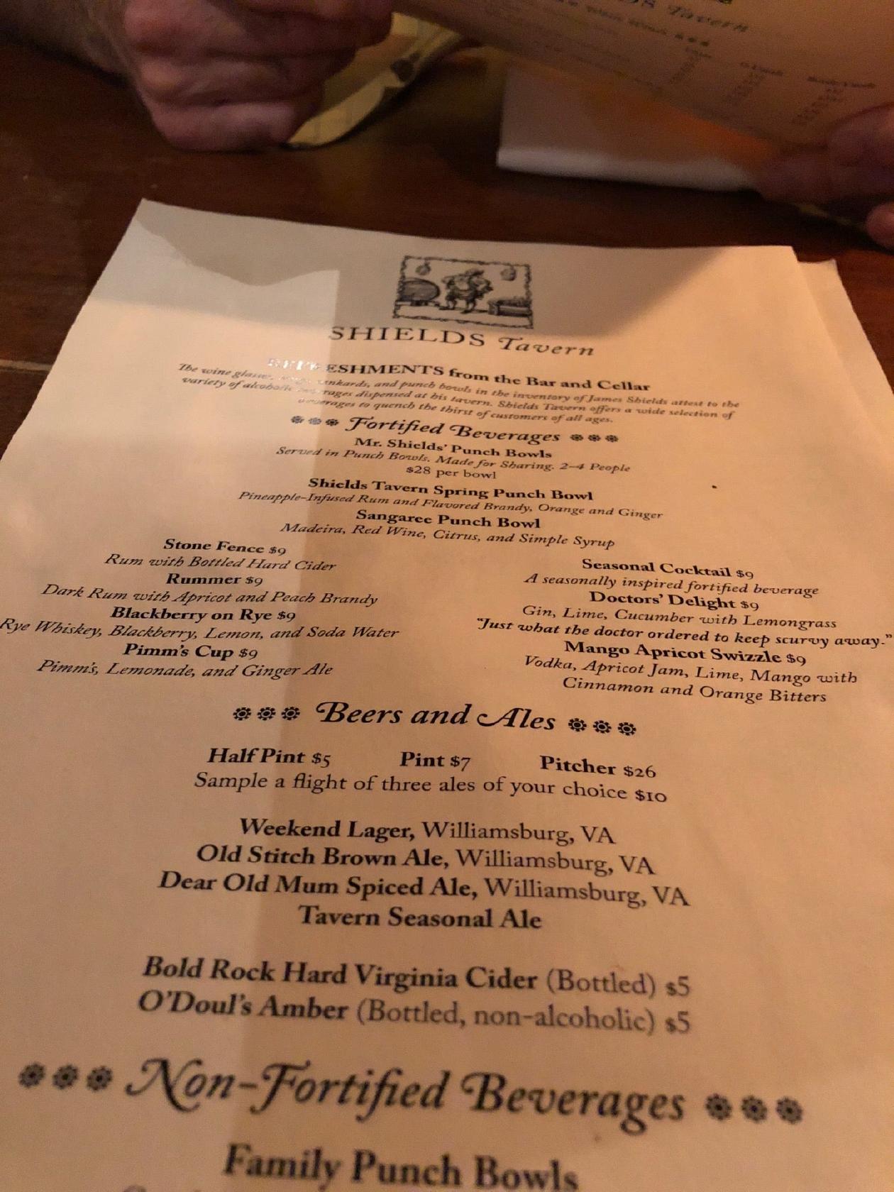 Menu at Shields Tavern restaurant, Williamsburg