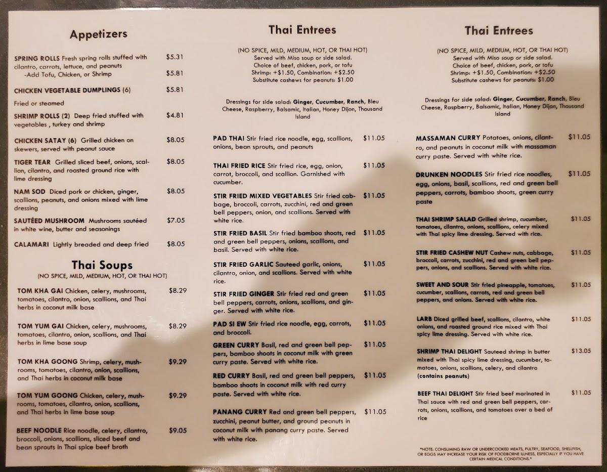 Menu at Thai Delight restaurant, Mesilla