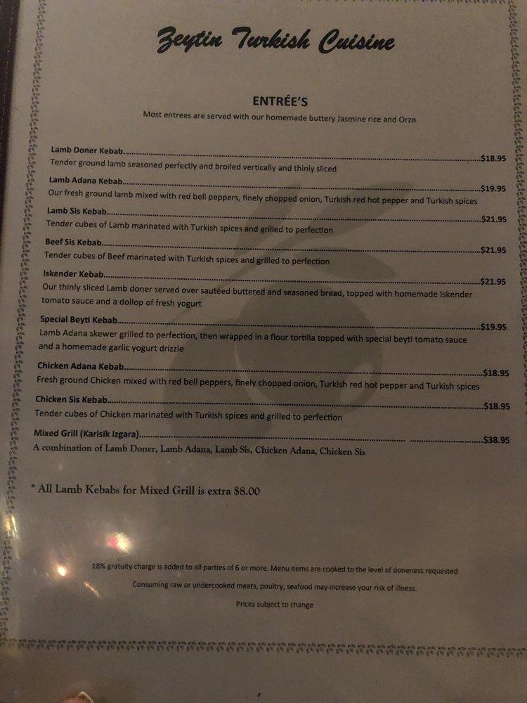 Menu at Zeytin Turkish Cuisine restaurant, Orlando