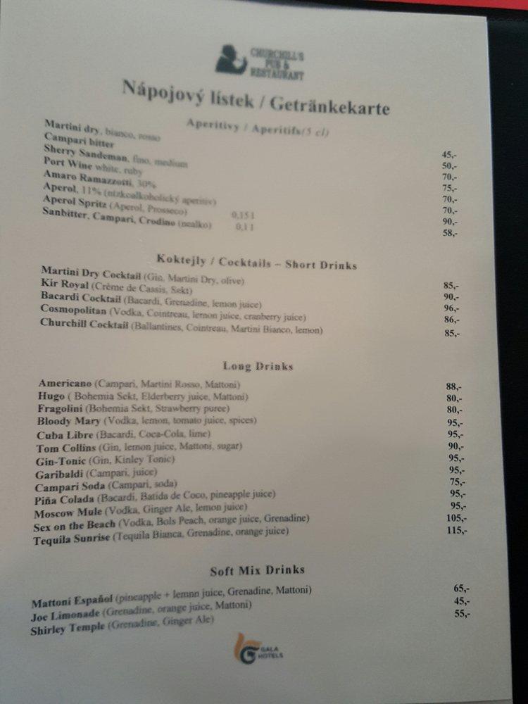 Menu at Churchill's Pub & Restaurant, Mariánské Lázně, Hlavní tř. 121/46