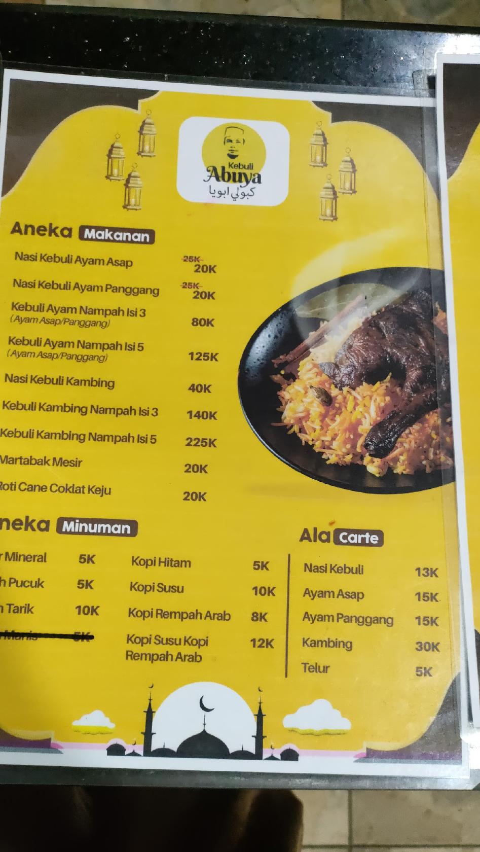Menu at KEBULI ABUYA TANAH ABANG restaurant, Central Jakarta