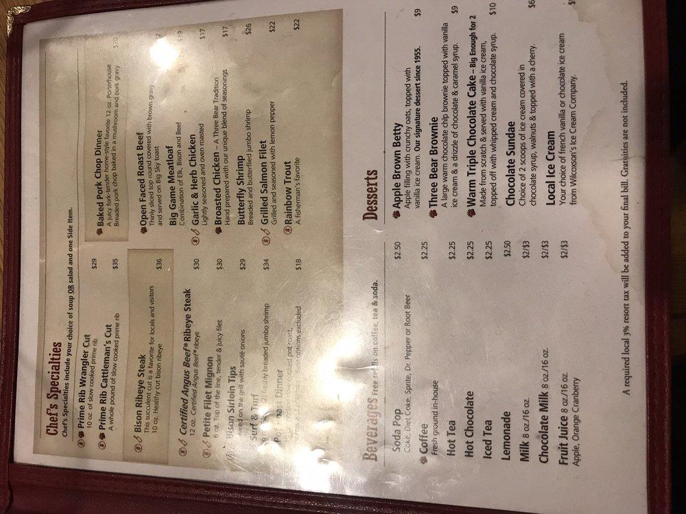 Menu at Three Bear Restaurant, West Yellowstone