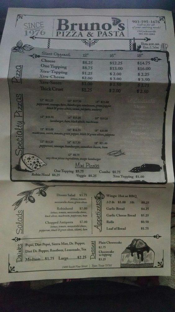 Menu at Bruno's Pizza pizzeria, Tyler, S Vine Ave