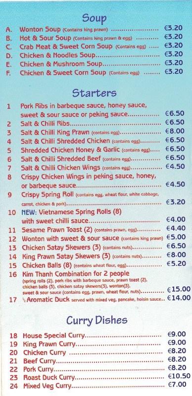 Menu at Kim Thành Quality Chinese Food fast food, Bundoran