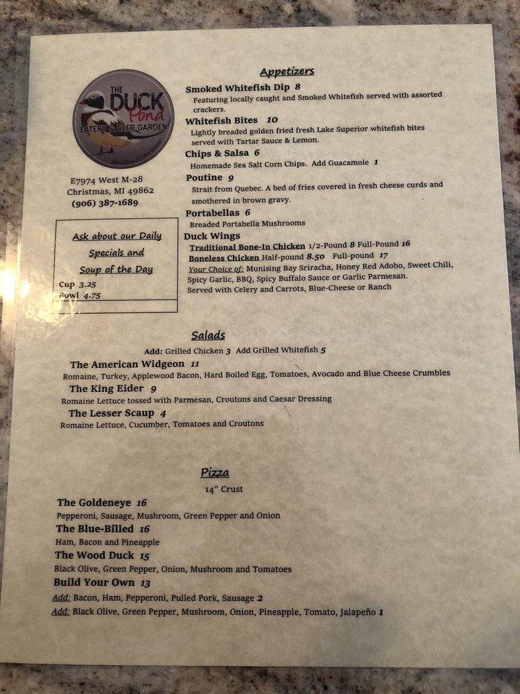 Menu at The Duck Pond Eatery and Beer Garden pizzeria, Munising