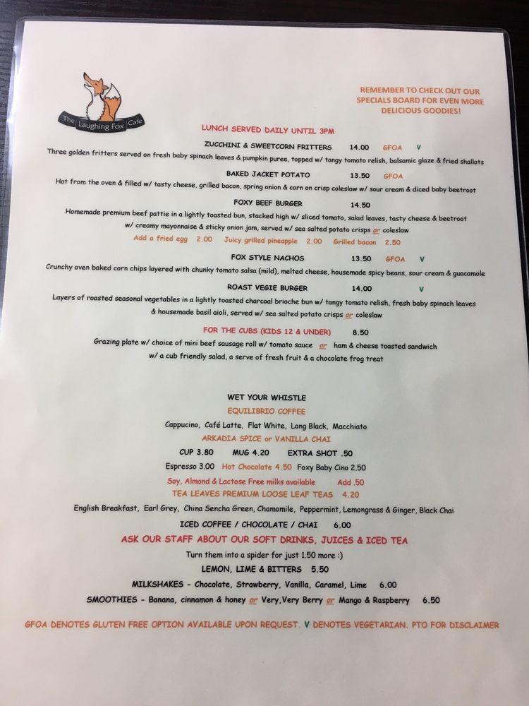 Menu at The Laughing Fox Cafe, Emerald