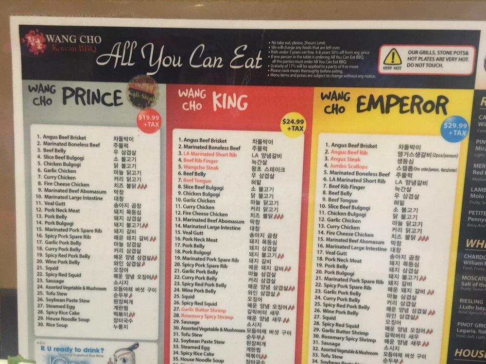 Menu at Wang Cho Korean BBQ, Riverside