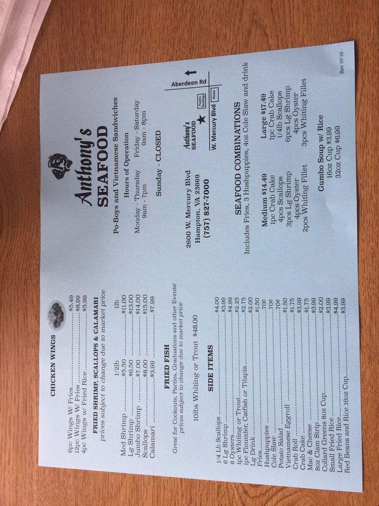 Menu at Anthony's Seafood restaurant, Hampton
