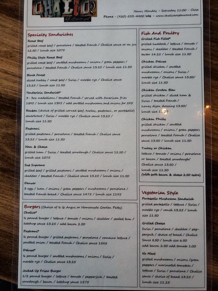 Menu at Chalice pub & bar, Oshkosh