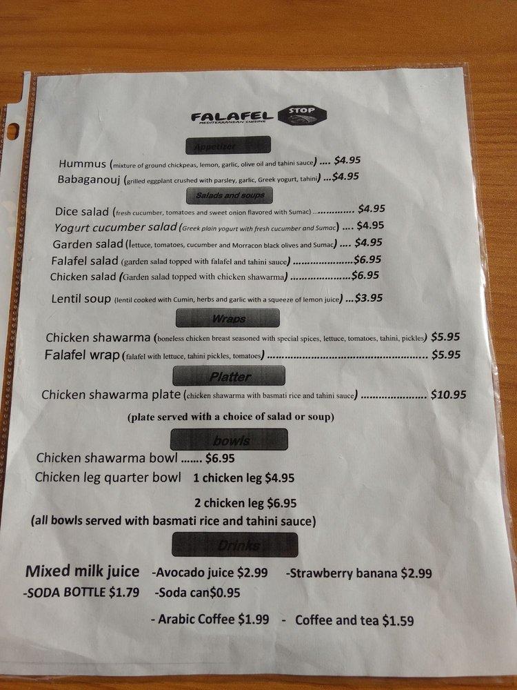 Menu at Falafel Stop restaurant, Melbourne