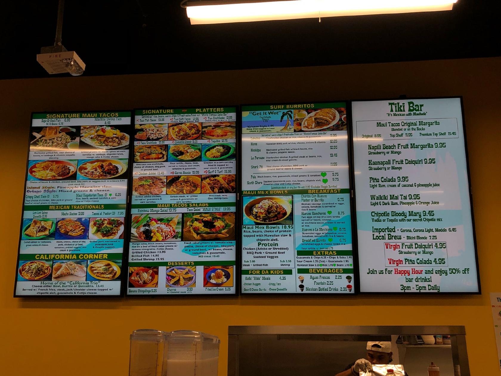 Menu at Maui Tacos restaurant, Pearl City