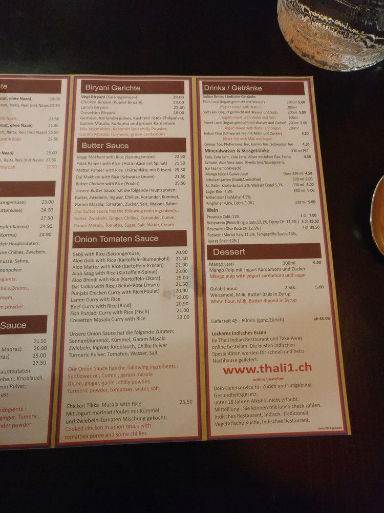 Menu at Thali, Zürich, Schaffhauserstrasse 32