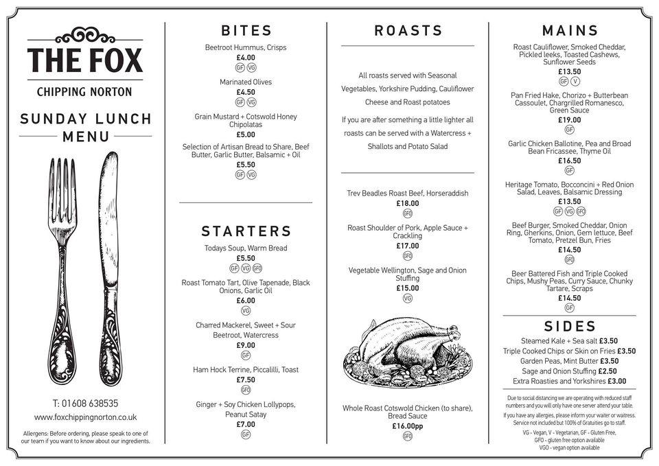 Menu at The Fox pub & bar, Chipping Norton