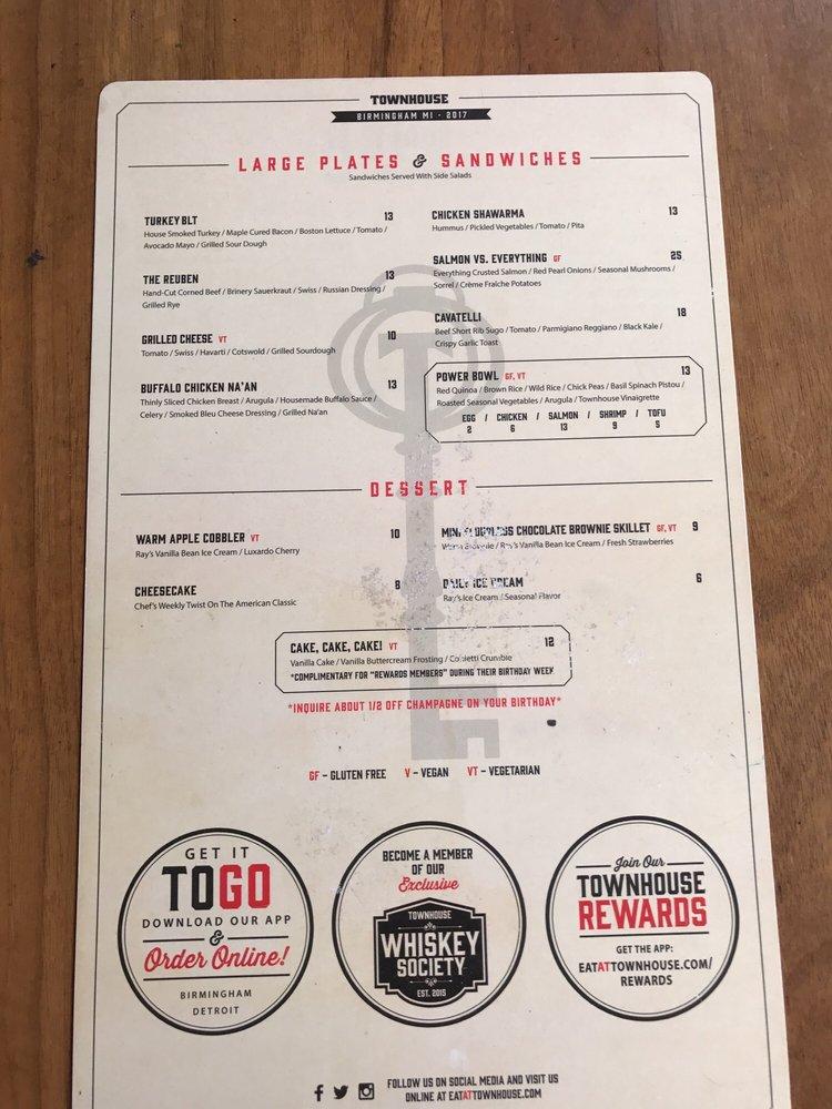 Menu at Townhouse restaurant, Birmingham, 180 Pierce St
