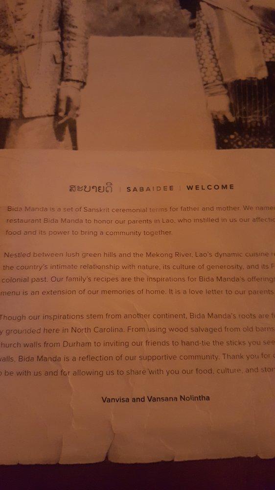 Menu at Bida Manda restaurant, Raleigh