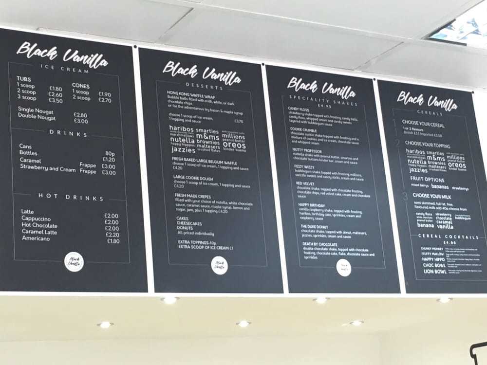 Menu at Black Vanilla desserts, Glasgow, 553 Duke Street