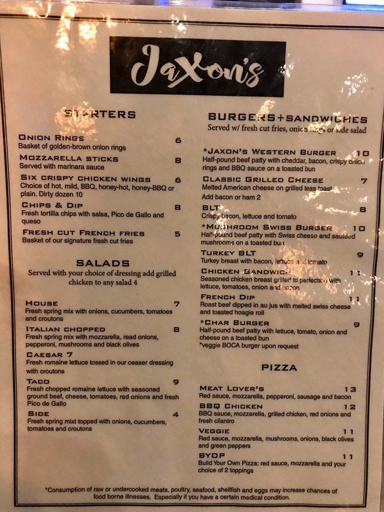 Carta de JaXon's Bar and Grill, Scottsdale