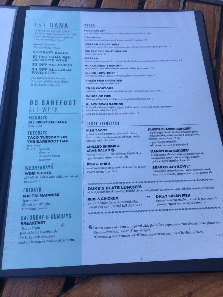 Menu at Duke's Malibu restaurant, Malibu