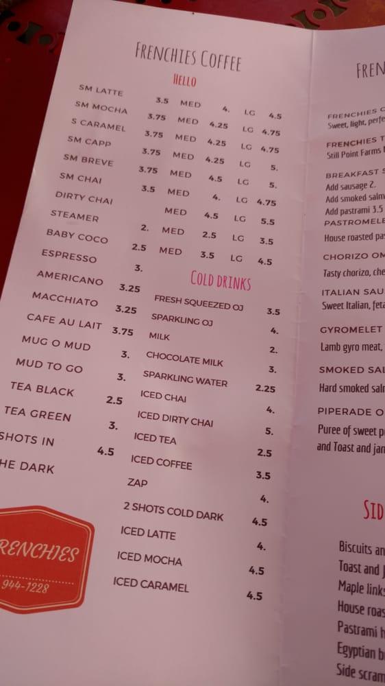 Carta del café Frenchies Famous, Traverse City