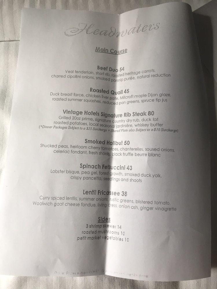 Menu at Headwaters Restaurant at Millcroft Inn & Spa, Caledon
