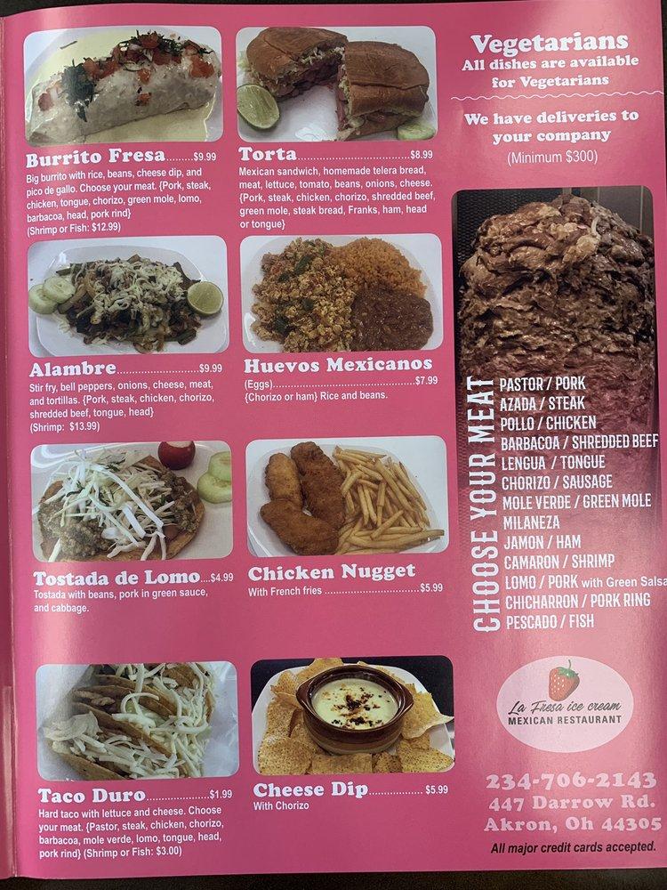 Menu at La Fresa Ice cream desserts, Akron