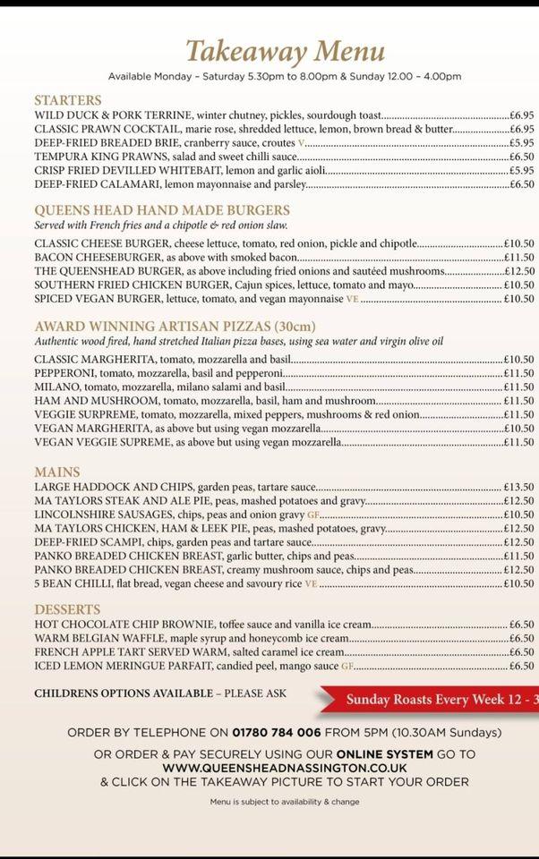 Menu at The Queens Head Inn pub & bar, Peterborough