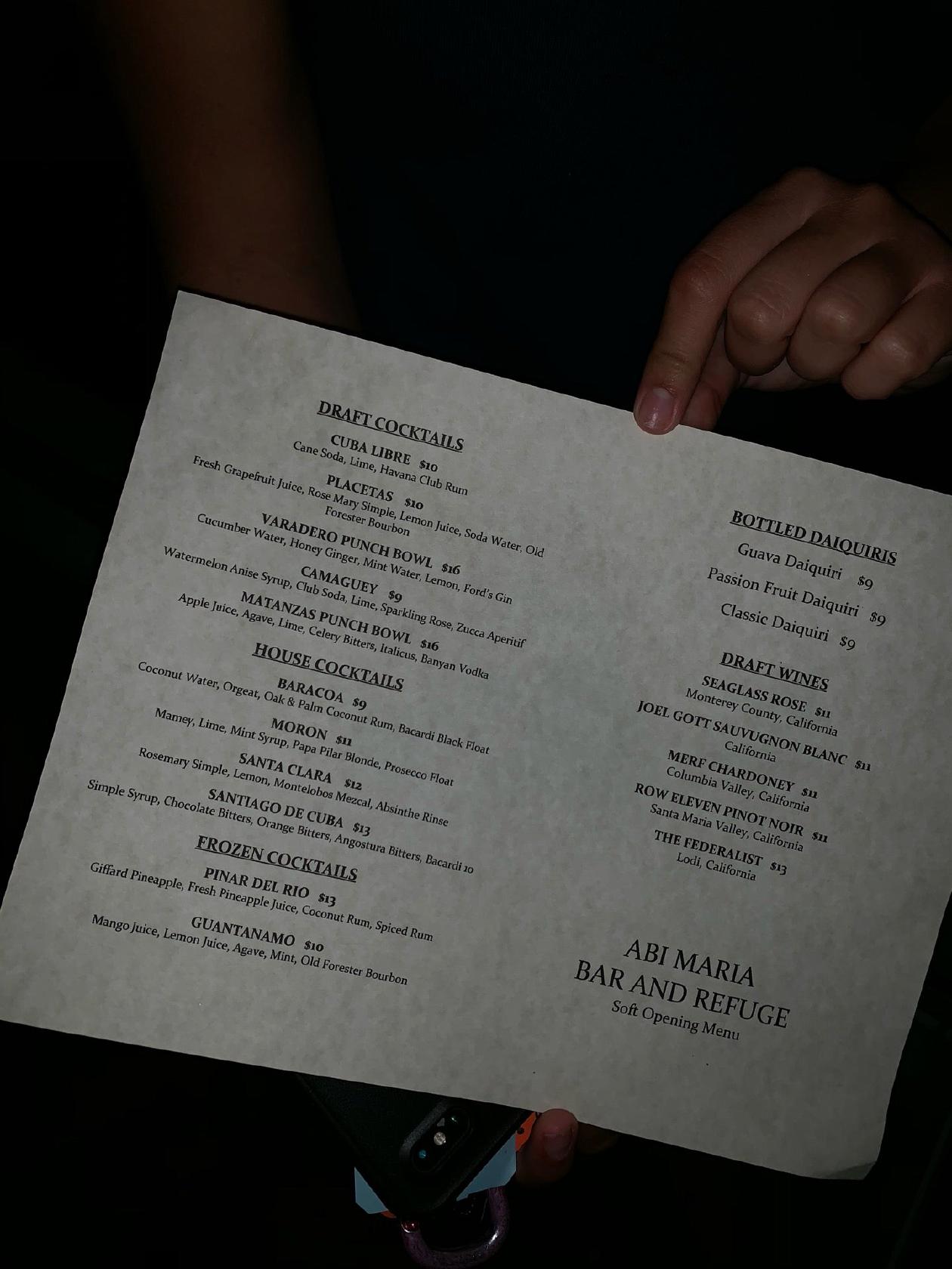 Menu at Abi Maria pub & bar, Miami
