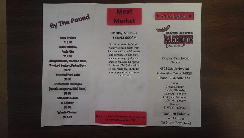 Menu at Bare Bones BBQ, Gatesville, TX-36