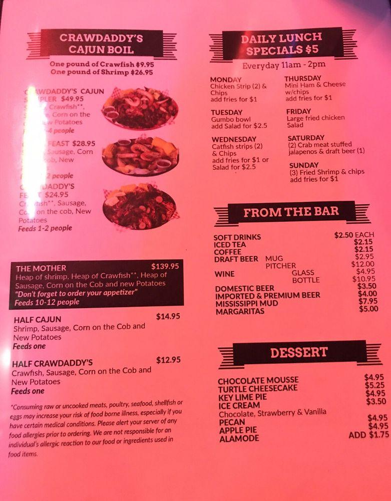 Menu at Crawdaddy's Downtown restaurant, Corpus Christi, 317 N Mesquite St