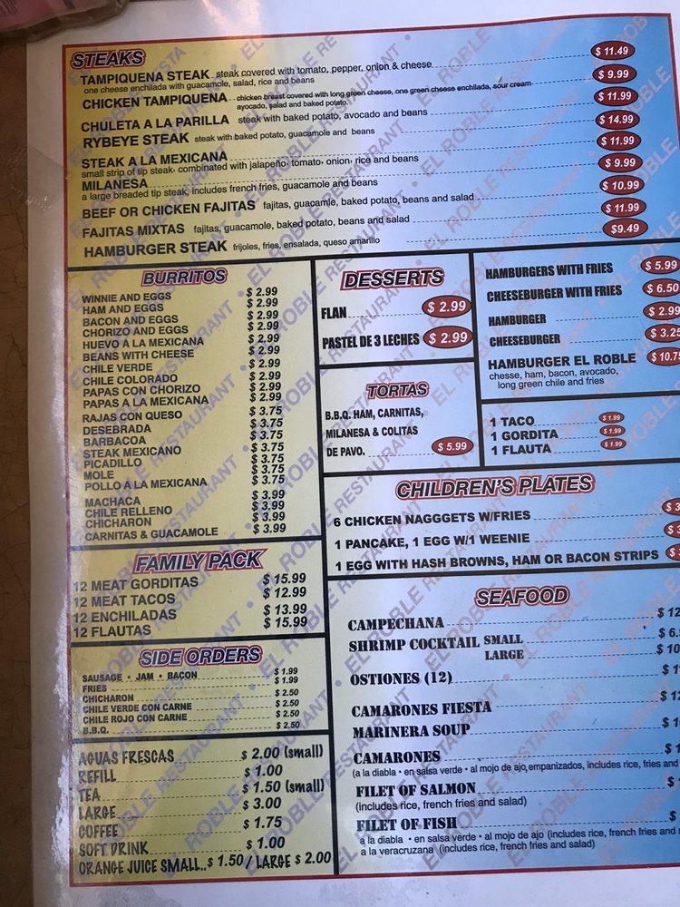 Menu at El Roble restaurant, El Paso