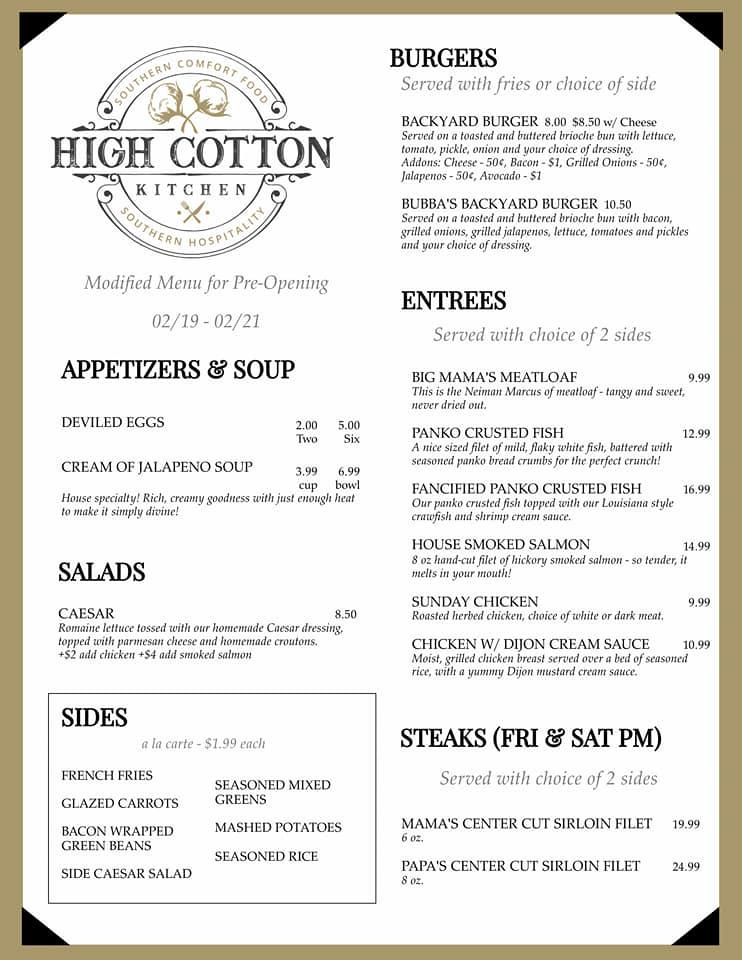 Menu at High Cotton Kitchen restaurant, Paris
