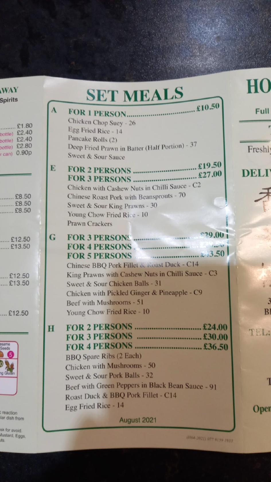 Menu at Hong Kong Diner restaurant, Westward Ho!
