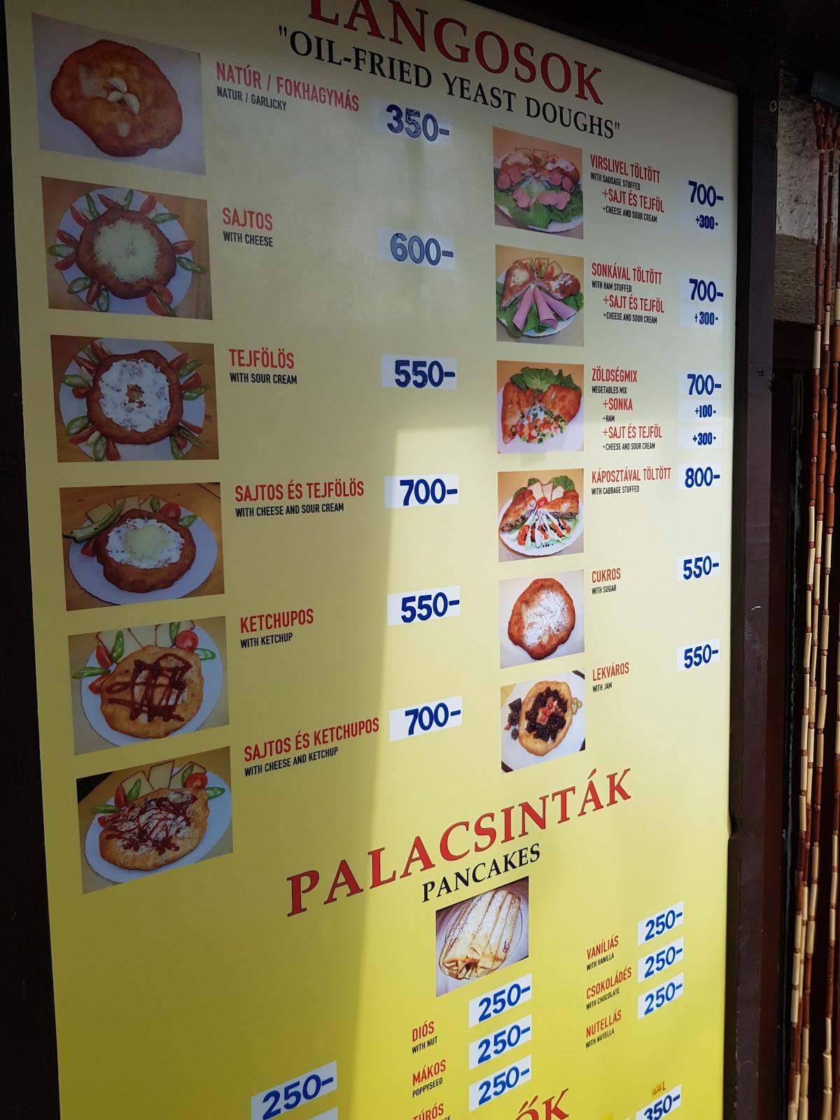 Menu at Langos cafe, Szentendre