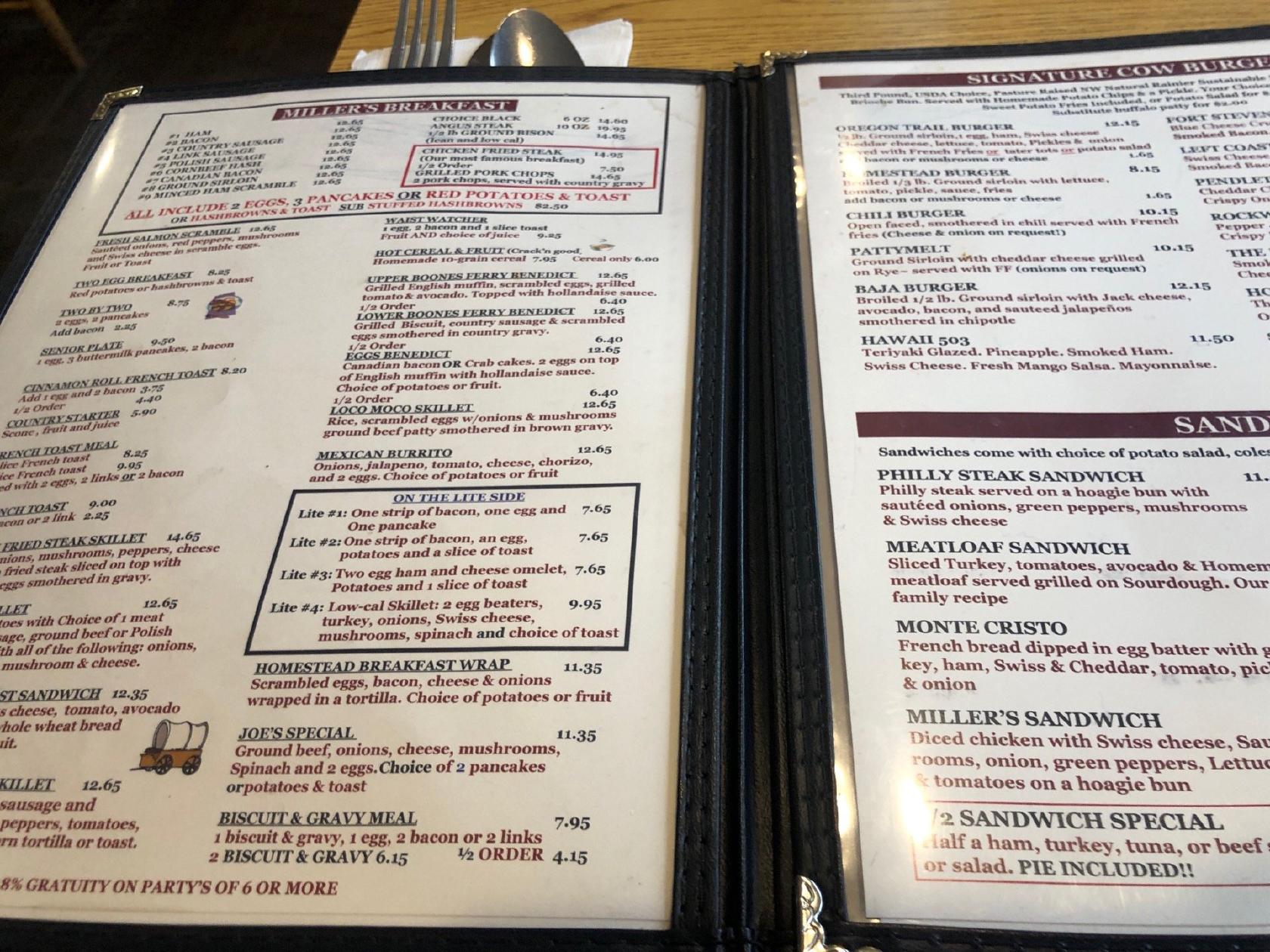 Menu at Miller's Homestead restaurant, Tigard