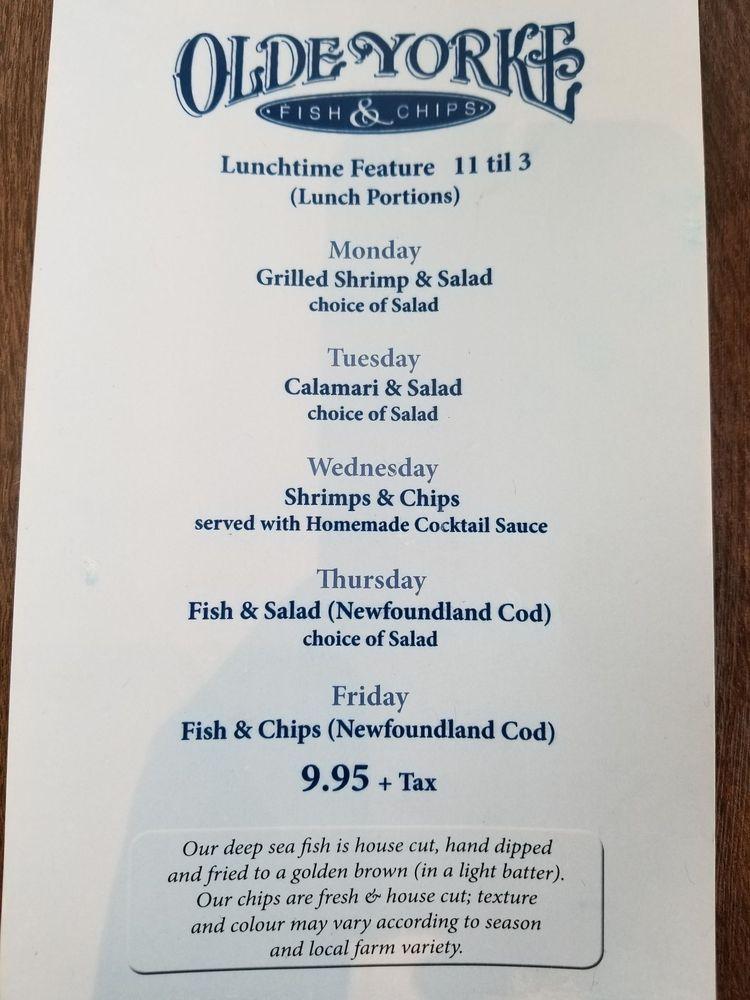 Menu at Olde Yorke Fish & Chips restaurant, Toronto