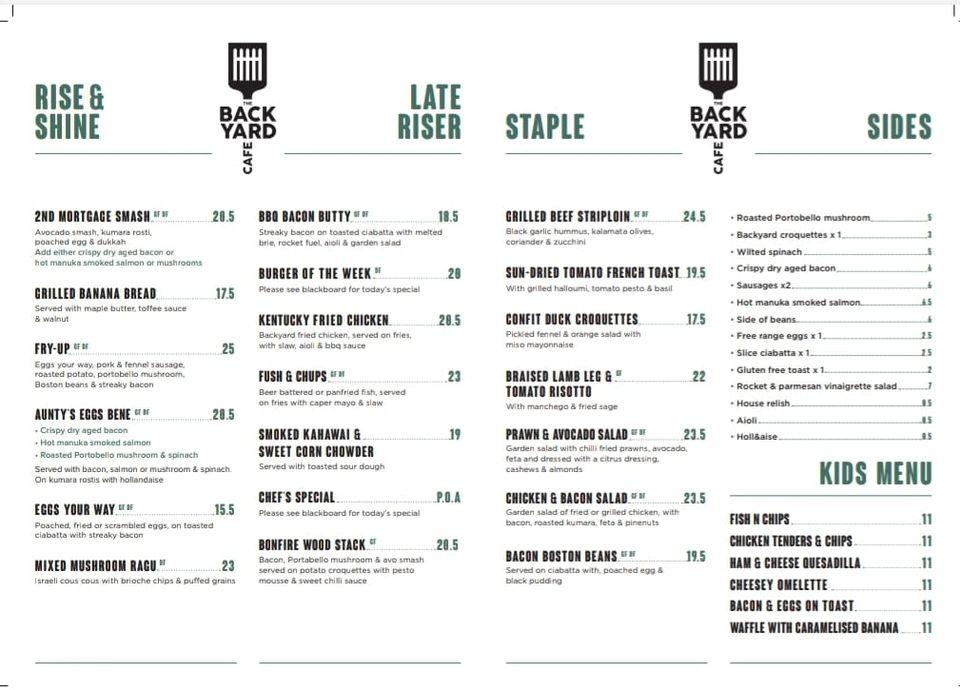 Menu at The Backyard Cafe, New Plymouth