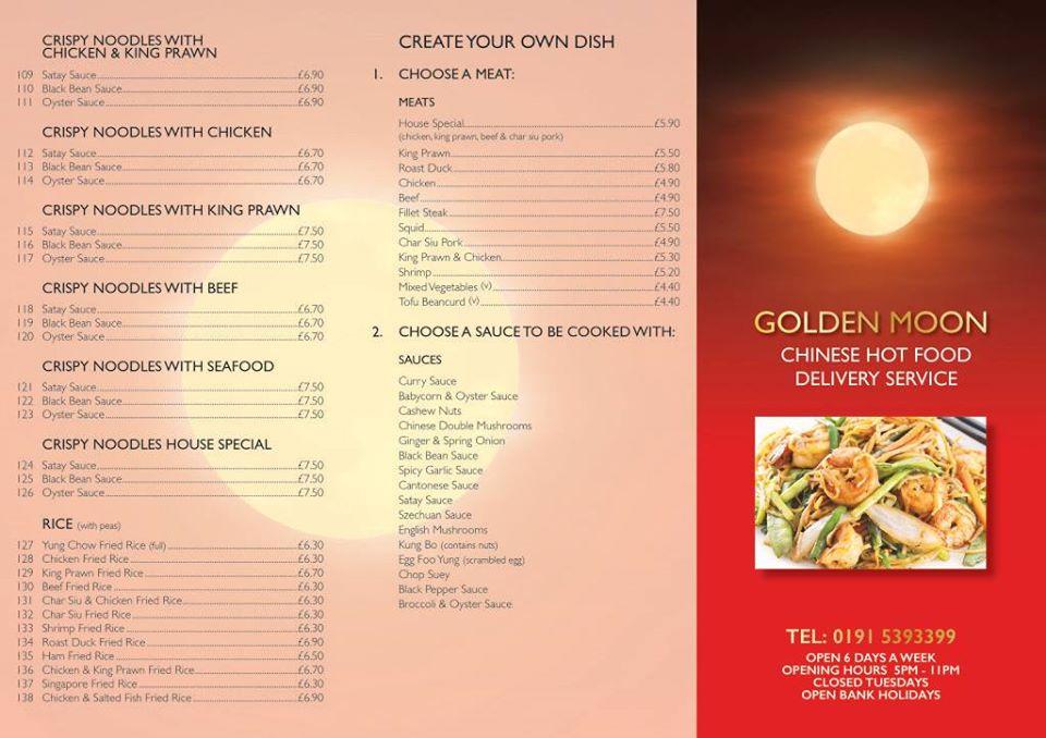Menu at Golden Moon Chinese TakeAway restaurant, Newcastle upon Tyne